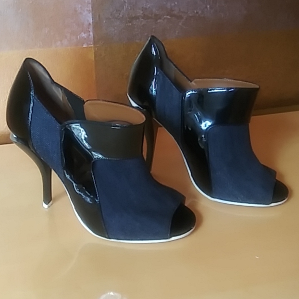 Fendi Denim/Black Patent Leather Open Toe Booties - Gem